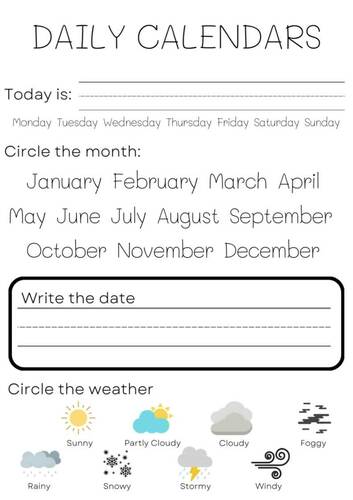 Printable worksheet/ Daily calendar/ Days of the week/ Weather chart
