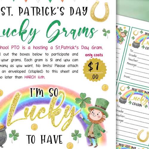 Lucky Gram Editable St. Patrick's day Candy Gram, PTA PTO Fundraiser LG-01