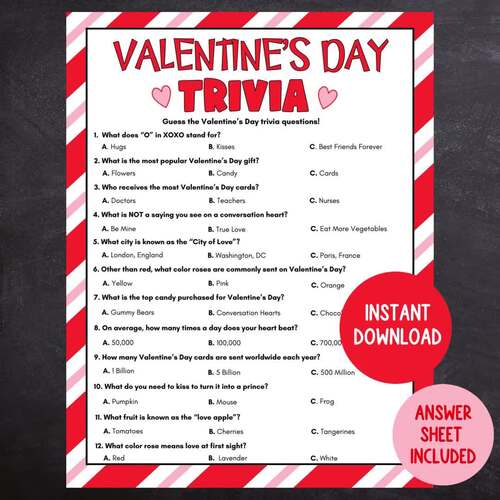 Valentine's Day Trivia Game, Printable Valentine's Classroom Game