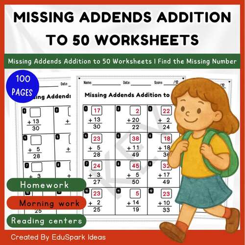Back to School Missing Addends Worksheets | Addition to 50 | 1st Grade Math
