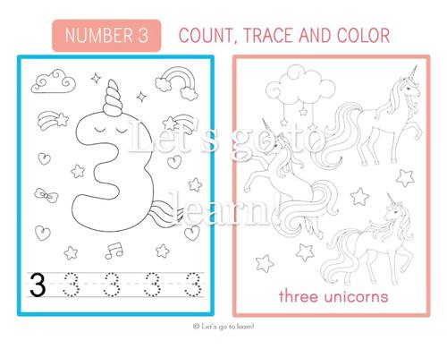 Unicorn Numbers Worksheets, 0- 10, Math Worksheets, Count, Trace and Color