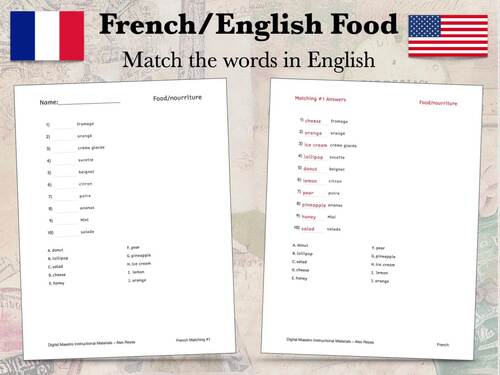 French/English food vocabulary Matching activities/assessments | TPT