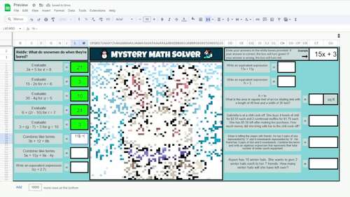 Winter - Algebra Expressions - Digital Math Activity - Pixel Art