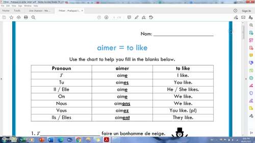 l'Hiver - Pratiquez le verbe: aimer (Winter-themed French Verb Practice)