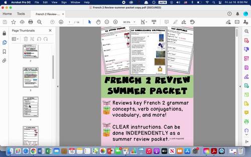 French 2 Review, Summer Packet by Limitless Language Resources