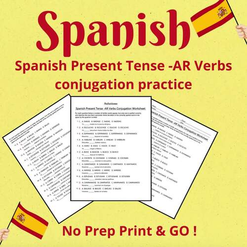 Spanish Present Tense -AR Verbs conjugation practice worksheets No Prep ...