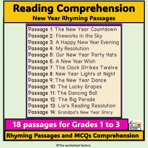 New Year Rhyming Passages – Reading Comprehension Worksheets Grades 1 to 3