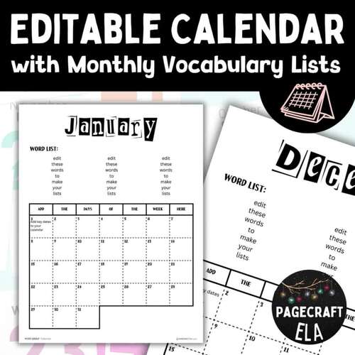 Editable Calendar with Monthly Word or Vocabulary Lists by Pagecraft ELA