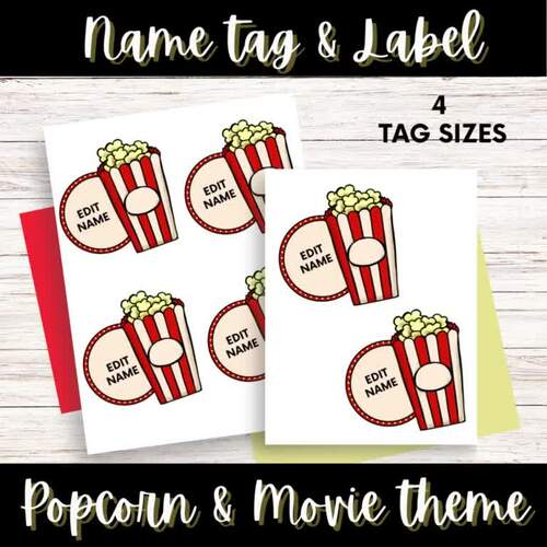 Popcorn Theme Name Tag and Label - Editable by Scribble Shore | TPT