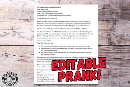 Rizzler Academy Name Change Prank - Editable April Fools’ Day Letter