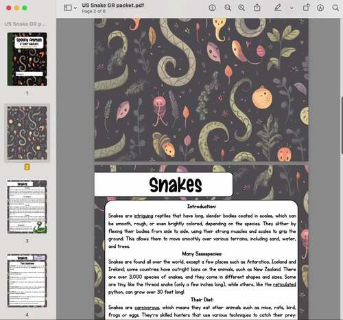 Snakes ~ Spooky Animal Informational Text || Halloween Theme Guided ...