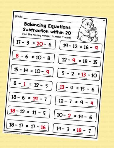 Balancing Equations Subtraction within 20 Summer Math Worksheets 1st ...