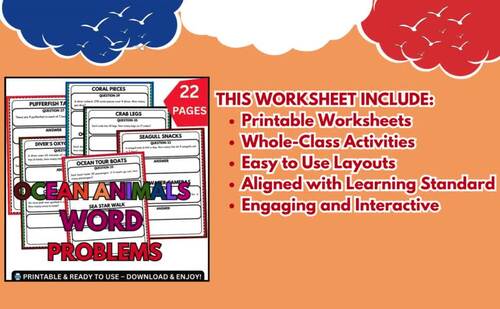 Ocean Animals Math Word Problems Worksheets, 4th 5th 6th 7th Grade