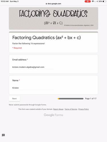 Factoring Quadratics (ax² + bx + c) Self Grading Google Form: Distance ...