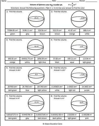 Volume of Spheres Color By Number Activity by Abaco Education Zone