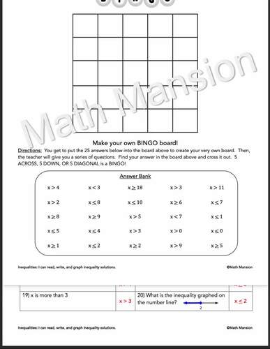 BINGO Review Game: Writing Inequalities (6th Grade) - PRINTABLE by Math ...