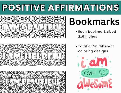 50 Positive Affirmations Coloring Bookmarks – Printable "Color Your Own ...