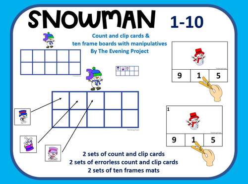 Snowman 1-10 Count & clip cards &ten frame boards with manipulatives ...