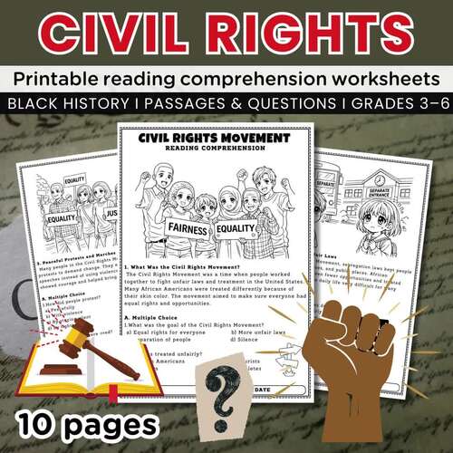 Civil Rights Movement Reading Comprehension Worksheets, Black History & SEL