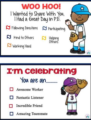 PE Baseball Positive Behavior Notes Home to Parents by Ready Set PE
