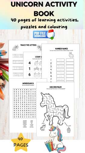 Unicorn Activity Book, Learning Activities, Coloring Pages, Puzzle Games,