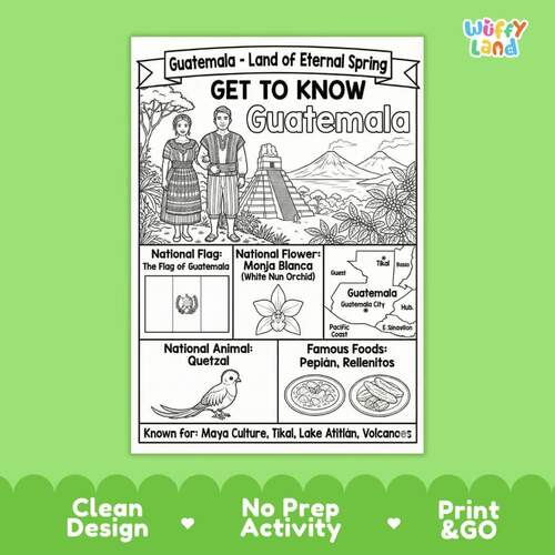 Guatemala Country Study Geography Coloring Page Worksheet Activity by ...