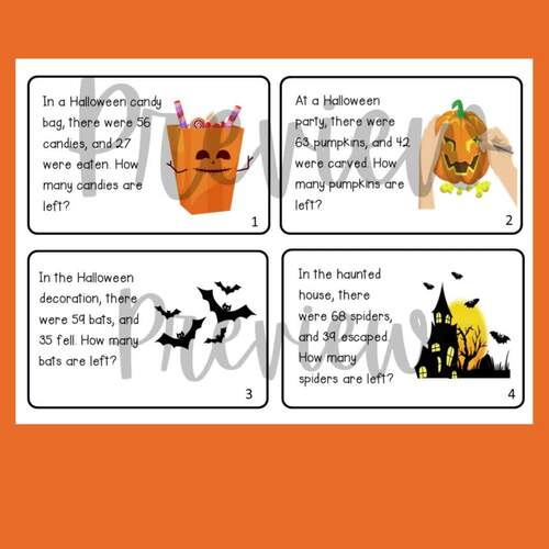 Halloween Subtraction Word Problems Task Cards by Bilingual Teaching ...