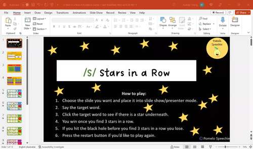 Stars in a Row PowerPoint Game - /s/ and /z/ artic by Pomelo Speechie