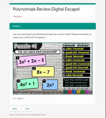Polynomial Operations Review Digital Math Escape Room Activity | TPT