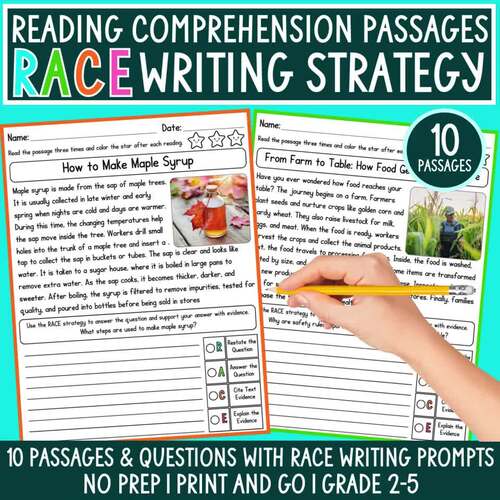 RACE Strategy Practice Worksheets Writing Prompt Reading Comprehension ...