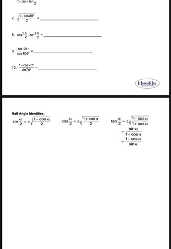 Precalculus Quizzes & Answer Keys - Double & Half Angle Identities