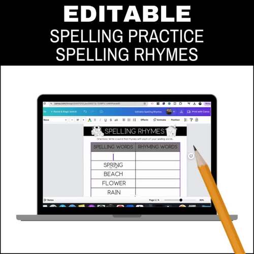 Editable Spelling Practice Spelling Rhymes, Editable Spelling Template