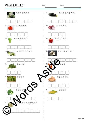 English Vocabulary Worksheets Cards Word Search Anagram VEGETABLES