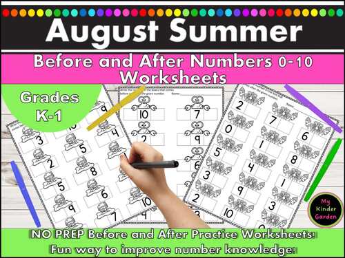 August Before and After Numbers Worksheets Missing Numbers 0-10 ...