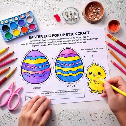 Easter Egg Chick Pop-Up Stick Coloring Crafts, Easter Day & Spring DIY ...