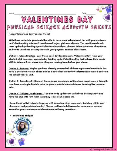 Valentines Day - Physical Science Activity Sheets by Training with Trisha