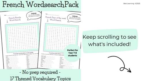 French Wordsearch Pack – 17 Topics for Beginners | TPT