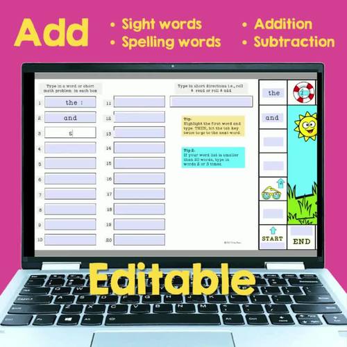 Summer Sight Word or Math Practice Board Games EDITABLE and AUTO FILL