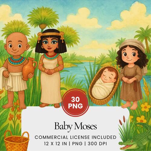 Baby Moses Bible Story Watercolor Clipart Bundle by Ikota Design