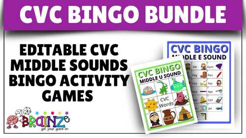 Editable CVC Middle Sounds Bingo Bundle | Short A, E, I, O, U Phonics Games