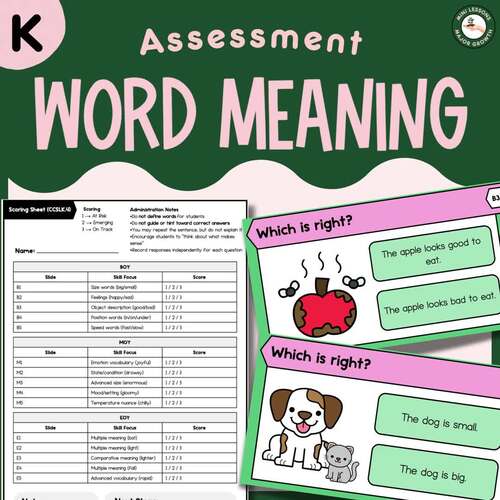 Kindergarten Word Meaning |Vocabulary Common Core Benchmark Assessment ...