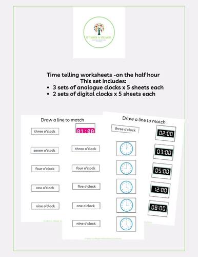Time telling flashcards-to the half hour -digital and analogue clocks