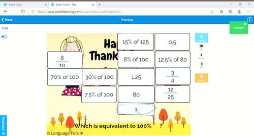 Boom Cards Converting Between Fractions Decimals and Percents Thanksgiving