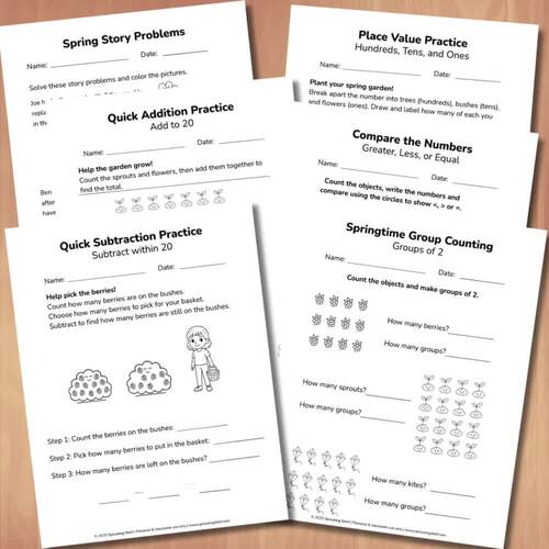 Spring Math Mini Pack – K–1 Story Problems, Place Value, Group Counting