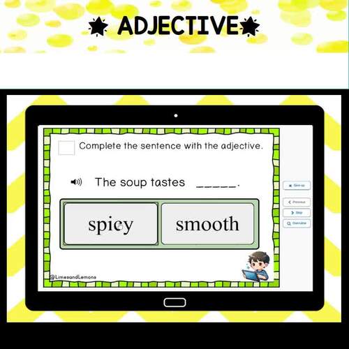 Complete the Sentence and Identify Adjectives Digital Learning Boom Cards