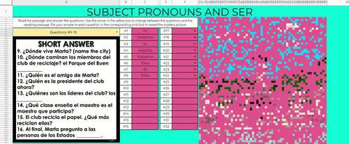 Subject Pronouns and SER Reading Comprehension Mystery Picture | Pixel Art