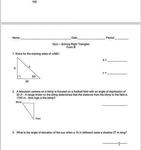 Precalculus Quizzes & Answer Keys - Solving Right Triangles | TPT