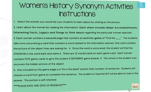Boom Cards Women's History Synonym Activities by Speech Therapy Fiesta