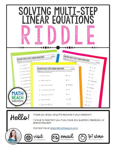 Solving Multi-Step Linear Equations Riddle Activity by Math Beach Solutions