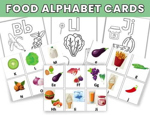 Food Alphabet Cards, Game and Coloring Sheets- Alphabet Theme Matching Game
